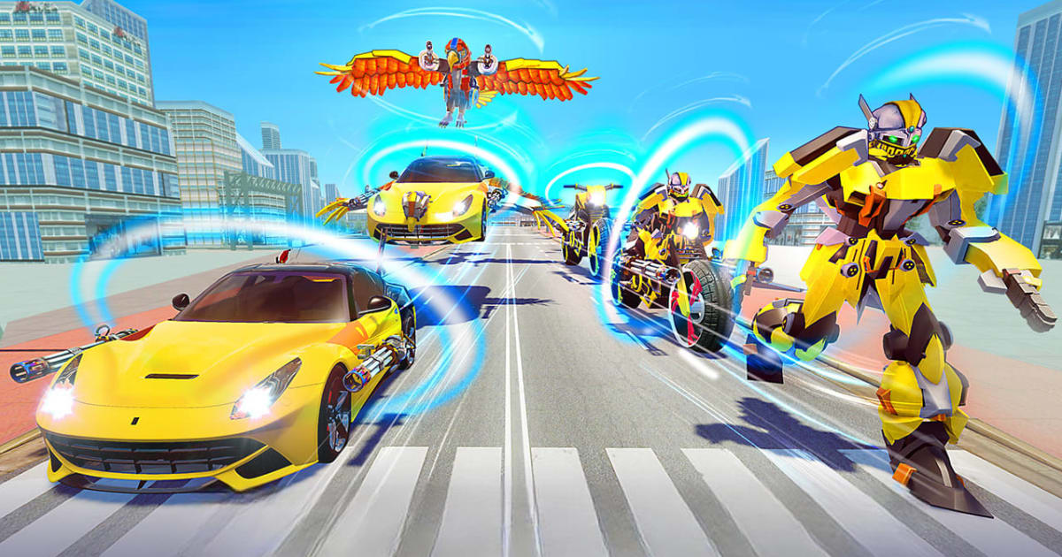 Download & Play Flying Hawk Robot Transforming Car, Moto Bike Game on PC & Mac (Emulator)